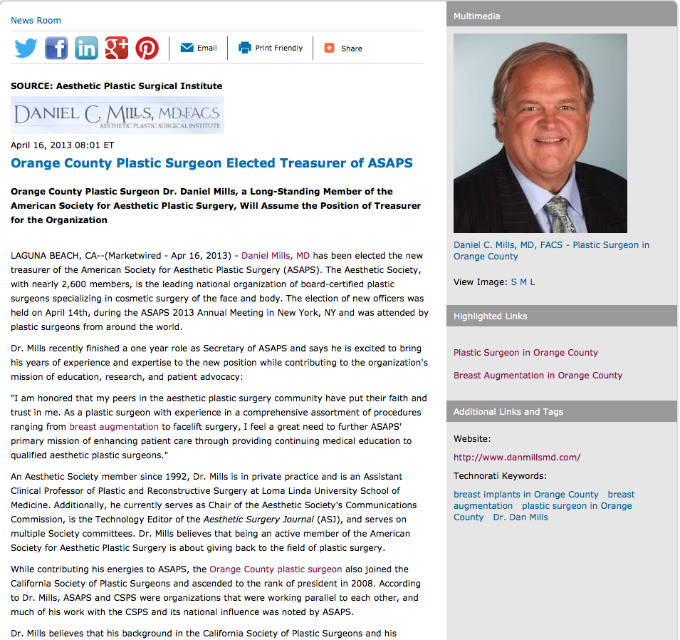 Orange County Plastic Surgeon Elected Treasurer of ASAPS - Dan Mills M.D.